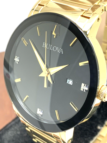Bulova Men's Watch 97D116 Diamond Accent Black Dial Gold Stainless ...