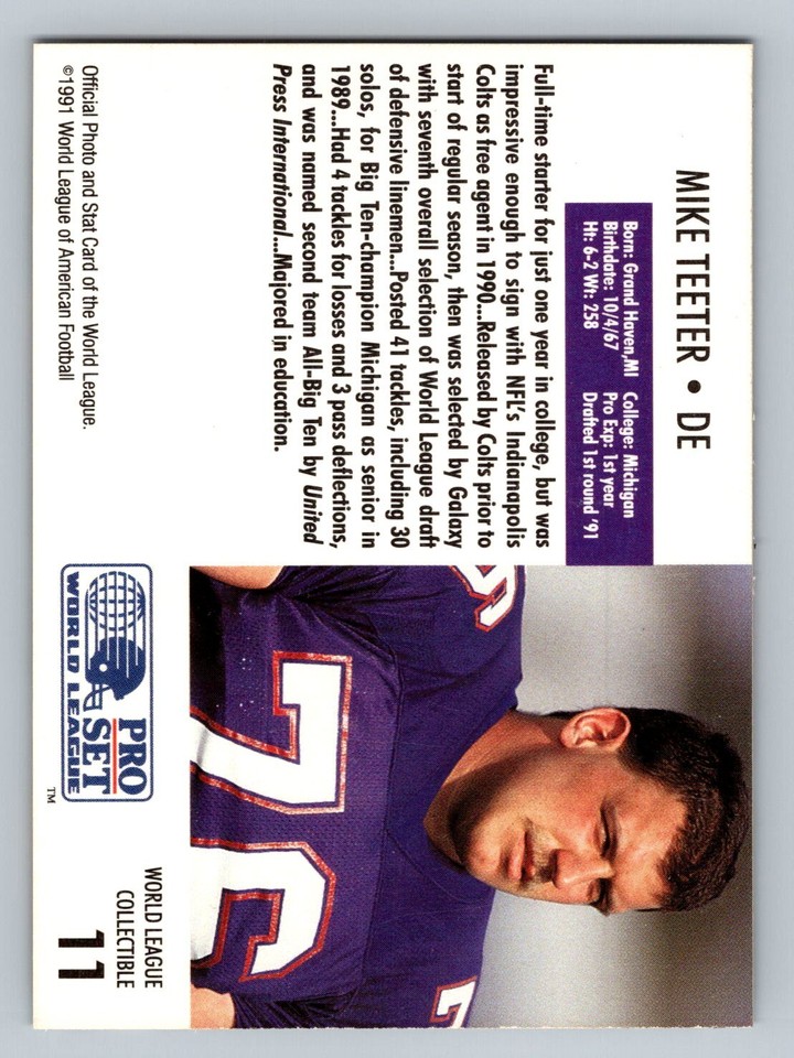 1991 Pro Set #11 Mike Teeter Frankfurt Galaxy WLAF Inserts | eBay