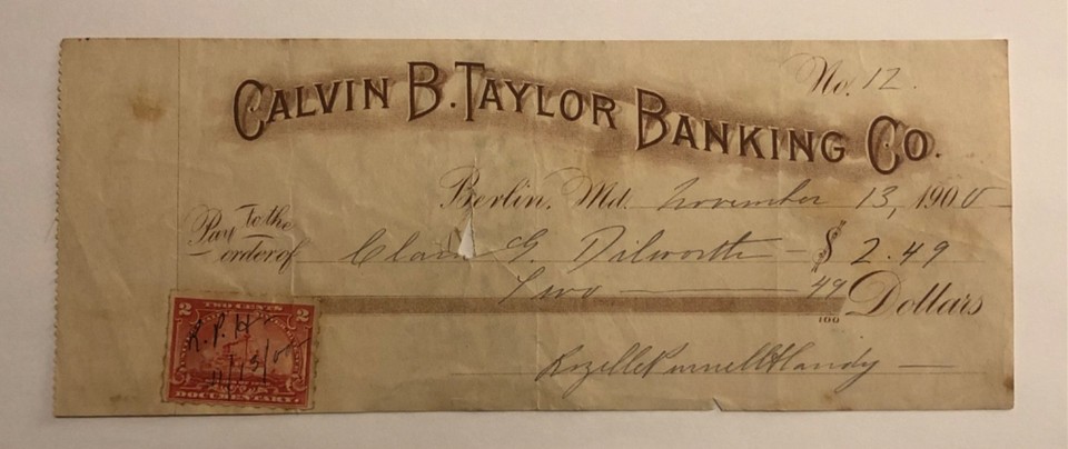 Calvin Taylor Banking Bank Berlin Worcester Co Maryland MD check not ...