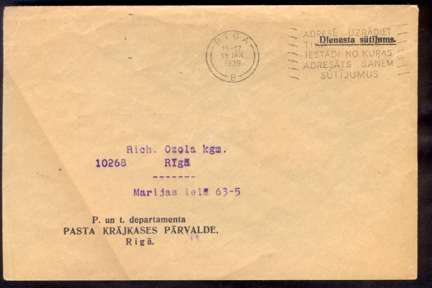 9741 Latvia,1939,Post official cover as local post in Riga with machine ...