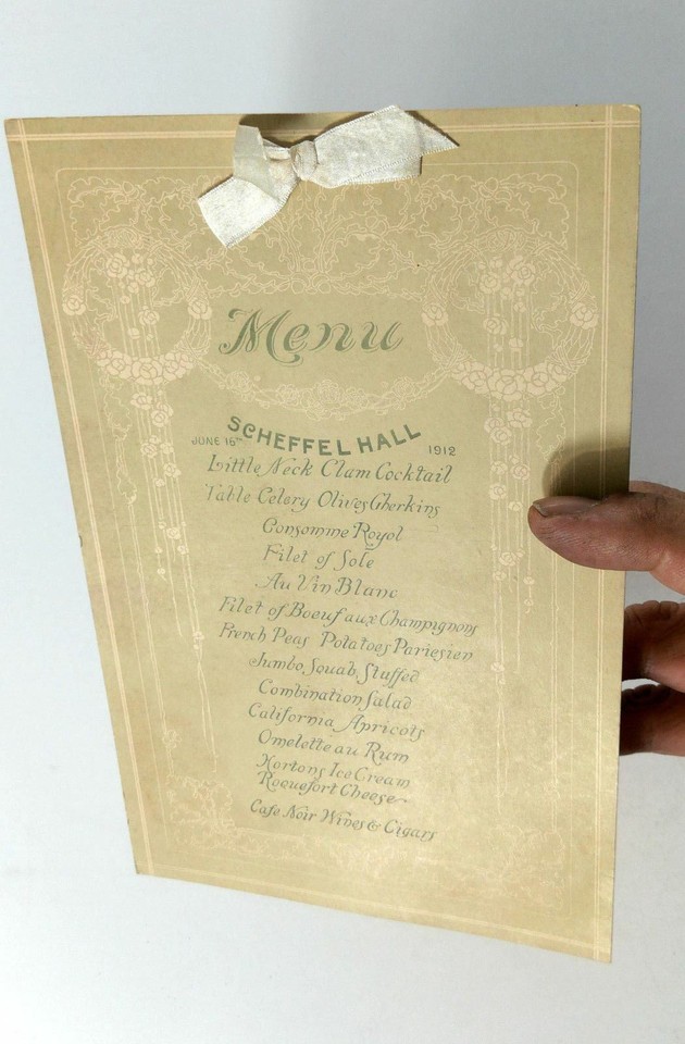 1912 Original Vintage Menu SCHEFFEL HALL Restaurant Manhattan New York ...