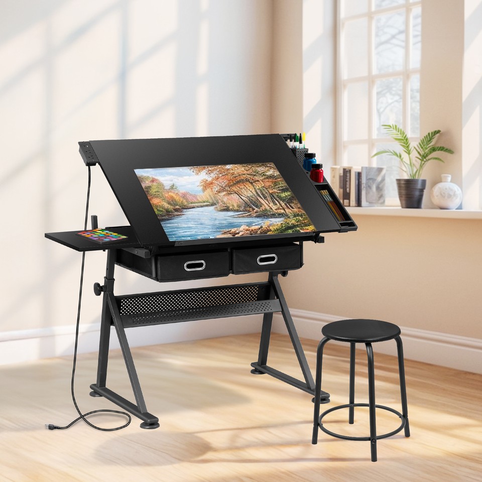 Drawing Drafting Table Stage Platform Adjustable Height W/ Stool Outlet ...