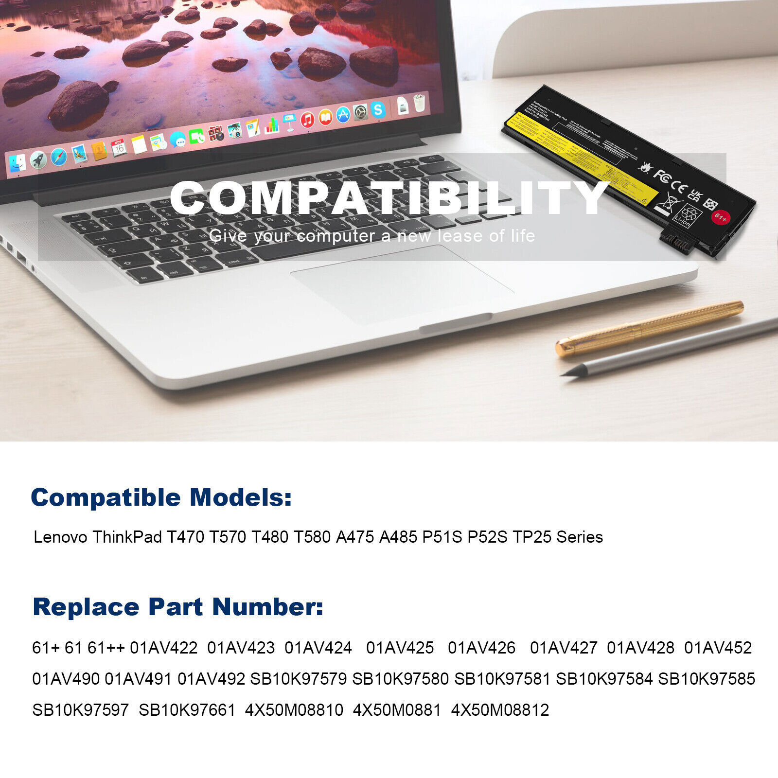 61++ Battery for Lenovo ThinkPad T470 T480 T570 T580 01AV423 01AV424 ...