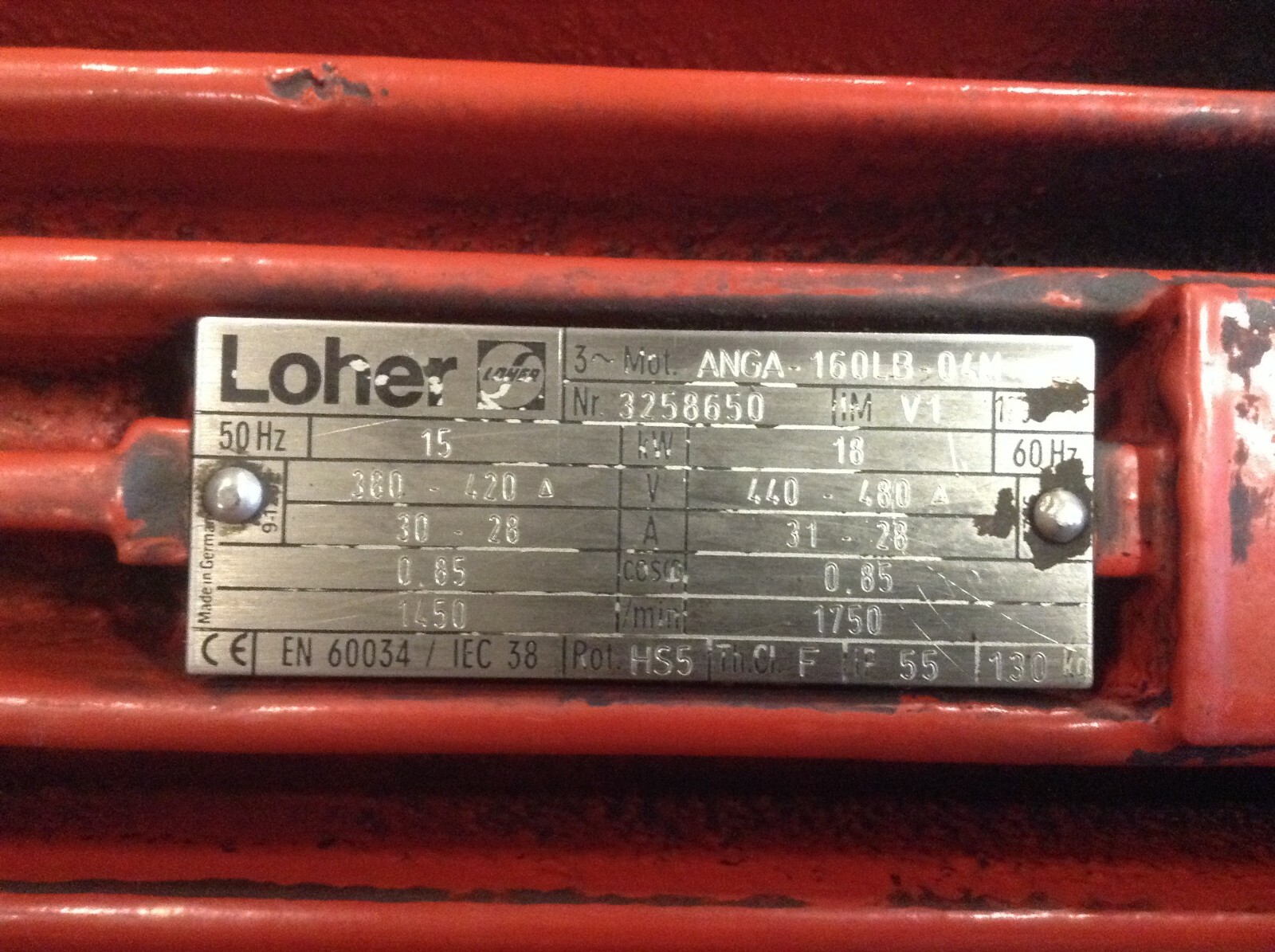 Loher ANGA-160LB-04M 15/18 kW Motor 380-420/440-480 VAC 1450/1750 RPM ...