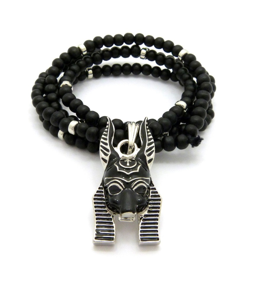 NEW EGYPTIAN ANUBIS HEAD PENDANT & 30" WOOD BEAD CHAIN HIP HOP NECKLACE ...