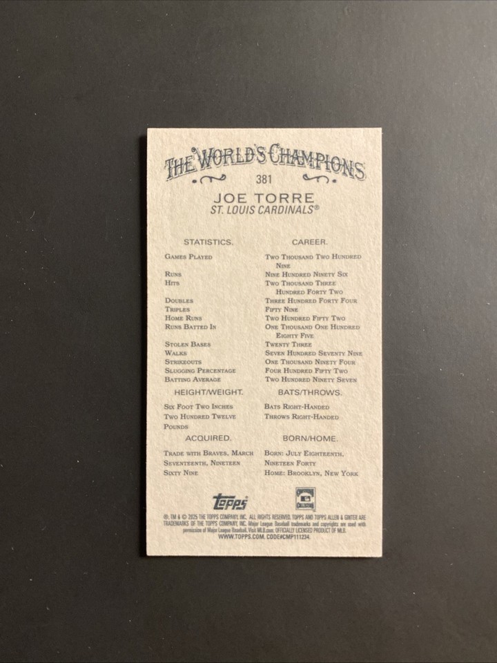 Joe Torre - 2025 Topps Allen & Ginter Rip Card Mini SP #381 St. Louis ...