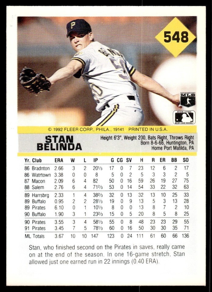 1992 Fleer Baseball Card Stan Belinda Pittsburgh Pirates #548 | eBay
