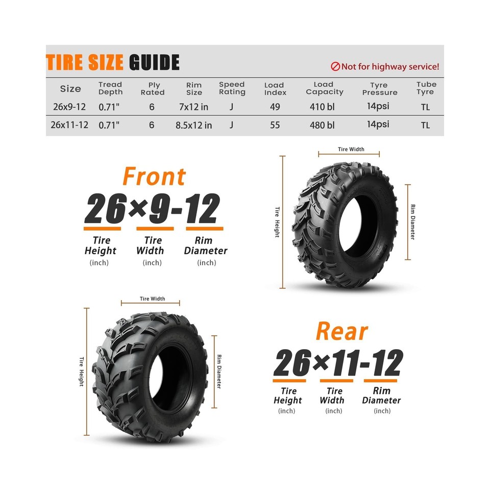 TRIPOWER ATV Tires 26x9-12 Front & 26x11-12 Rear All Terrain UTV Trail ...