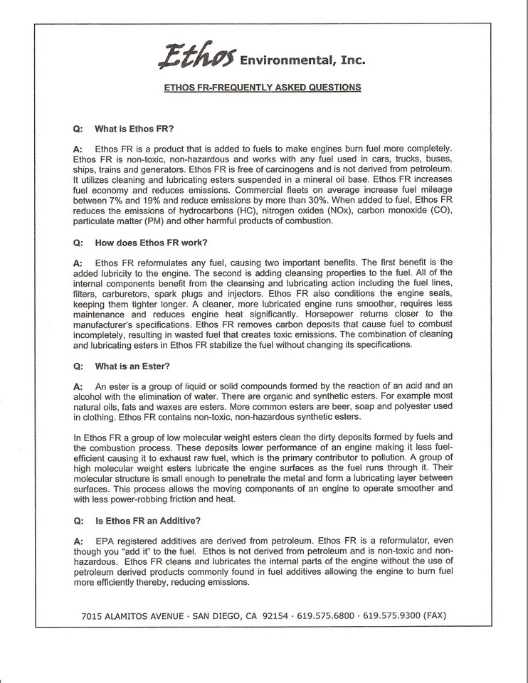 Ethos FR Fuel Reformulator (Original 2006 Formulation) ~ 4 ctn sizes ...