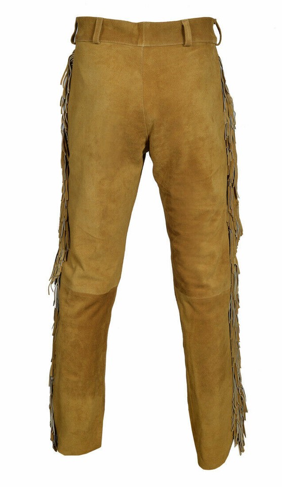 Men Native American Western Cowboy Buffalo Suede Leather Pants Fringes ...