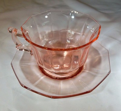 CAMBRIDGE GLASS CO. DECAGON PEACH BLO PINK #865 FOOTED CUP & SAUCER SET ...