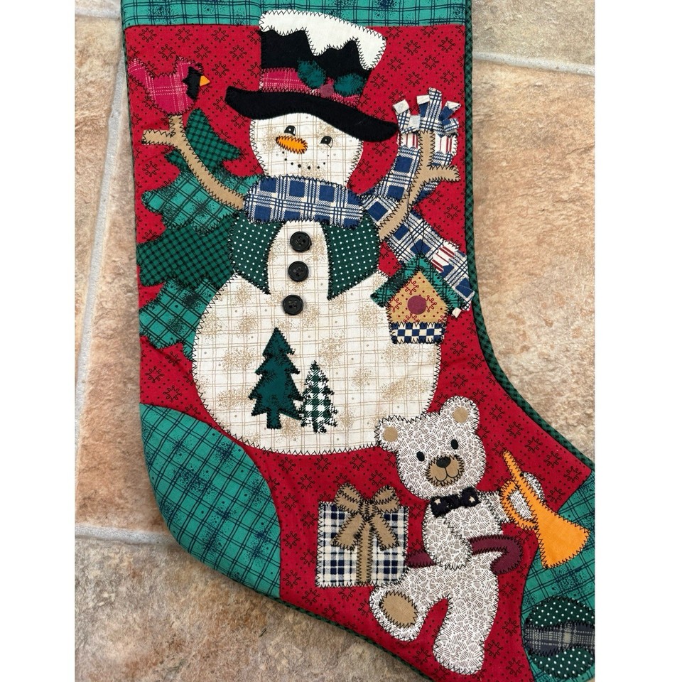 Vintage Quilted Red & Green Snowman & Teddy Bear Christmas Stocking | eBay