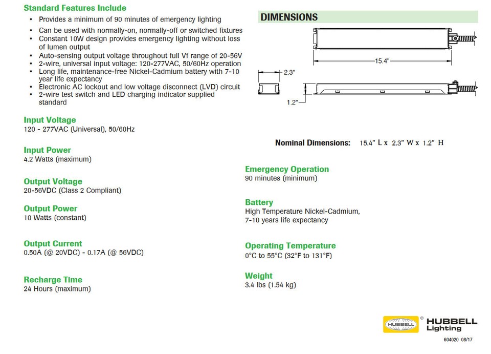 Hubbell Dual_lite PLD10-M Emergency LED Driver, 120-277V, provides a ...