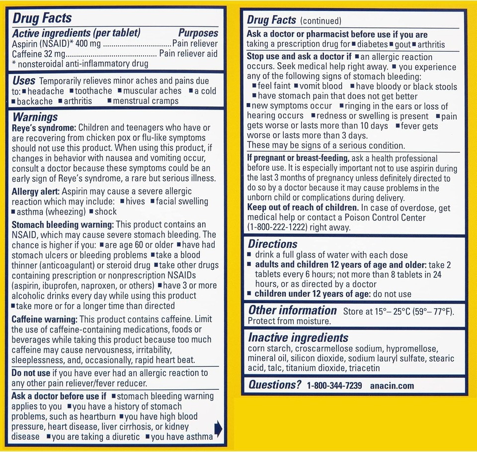 Anacin Pain Relief – 300 Tablets | Fast-Acting Aspirin + Caffeine ...