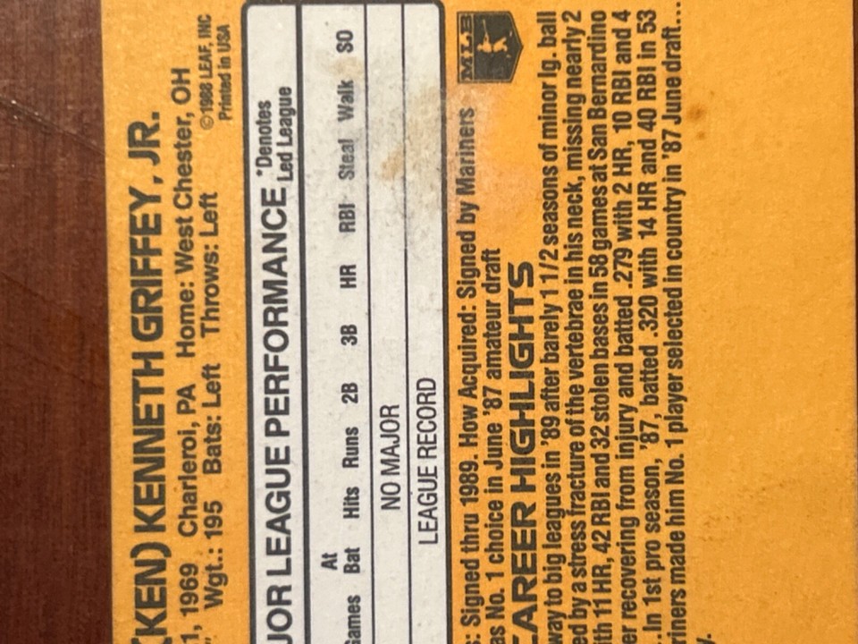 RARE Error Card KEN GRIFFEY JR. ROOKIE CARD RATED ROOKIE- No Dot After ...