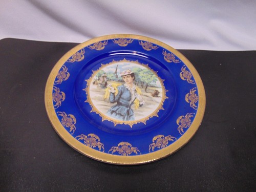 JKW Western Germany Porcelain Cabinet Plate Paris Eiffle Lady Blue Gold ...