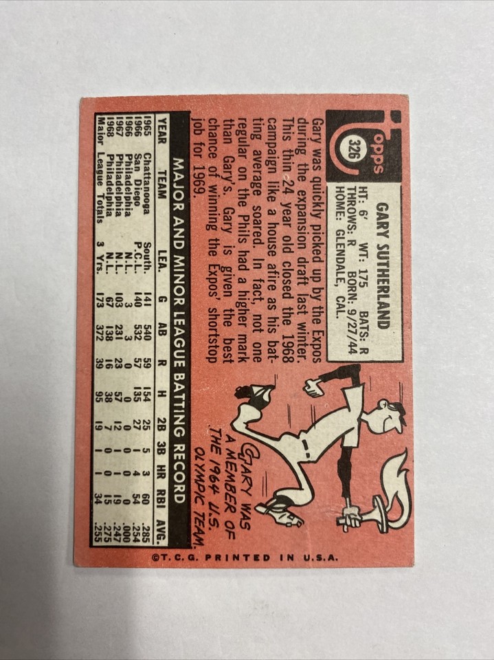 1969 Topps Baseball Gary Sutherland Montreal Expos Card #326 | eBay