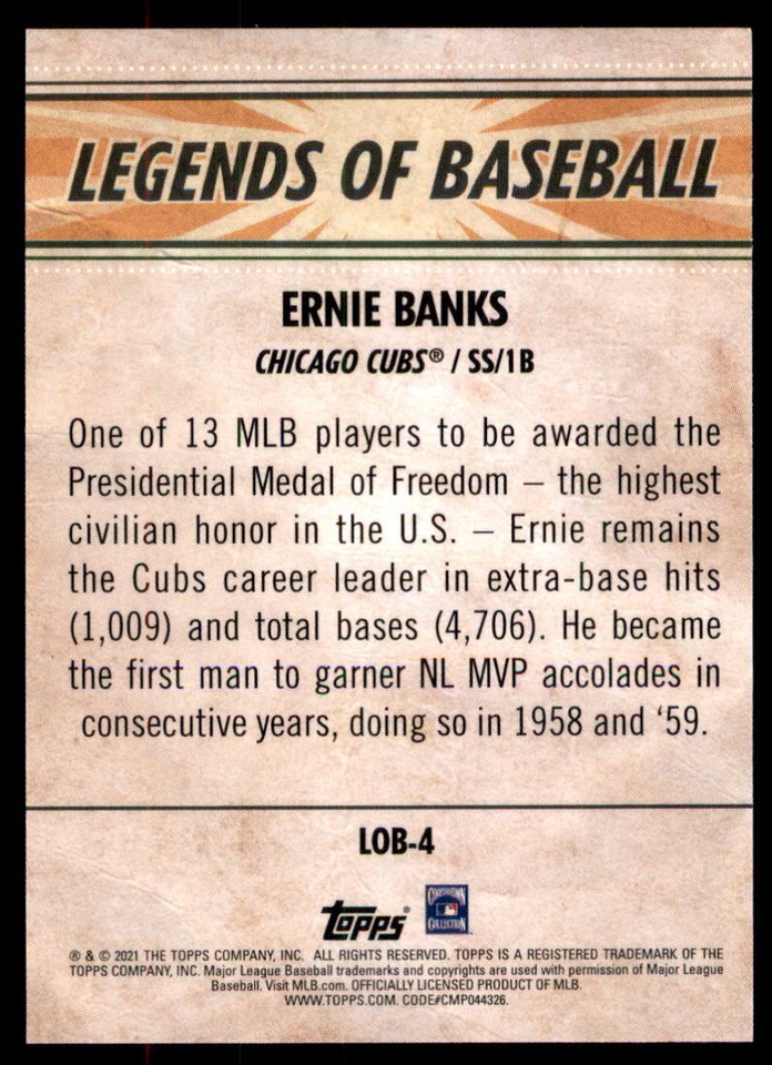 2021 Topps Opening Day #LOB-4 Legends of Baseball Ernie Banks Chicago ...
