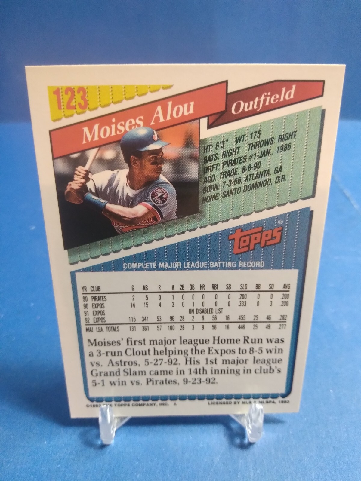 1993 Topps Baseball Card Rookie Gold Cup Moises Alou #123 Montreal ...