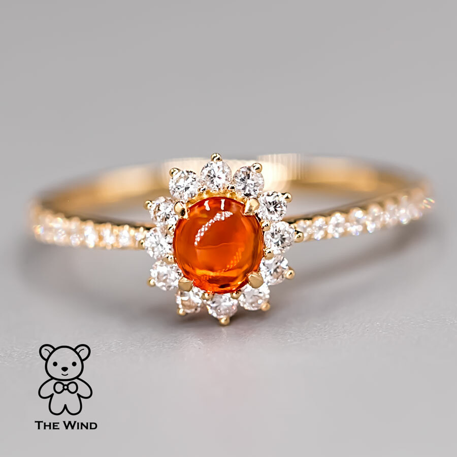 Stunning Red Mexican Fire Opal Halo Diamond Engagement Ring 18K Gold ...