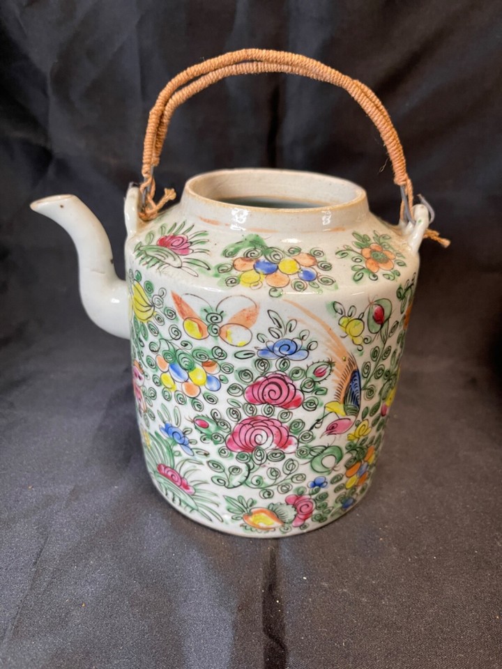 1800s CHINESE porcelain tea pot vtg famille rose bird antique art With ...