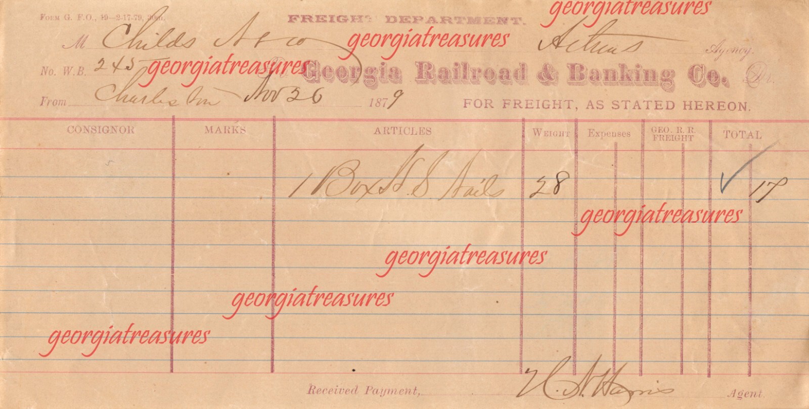 GA~GEORGIA~ATHENS~1879 GEORGIA RAILROAD & BANKING CO. FREIGHT RECEIPT ...