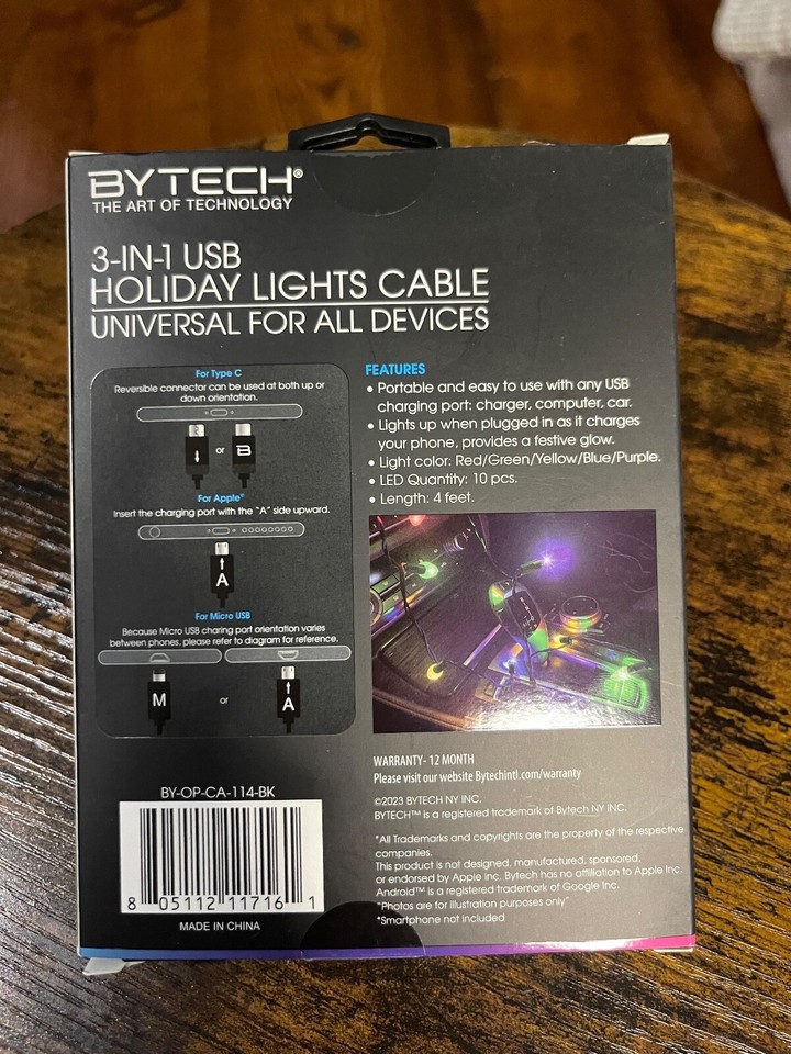 BYTECH 3-in-1 USB Holiday Lights Cable*Universal For ALL Devices! Brand ...