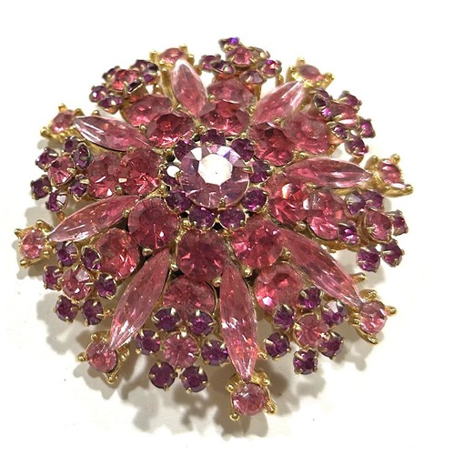 Vintage High End Designer Brooch Pin Gold Tone With Pink Rhinestones ...