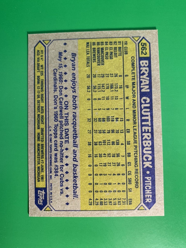 1987 Topps Bryan Clutterbuck RC #562 Milwaukee Brewers | eBay
