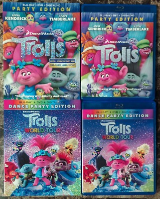 Trolls & World Tour Dance Party Edition Blu-ray DVD Lot 4-Disc Set w ...