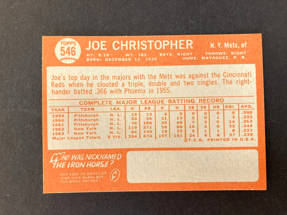 1964 TOPPS BASEBALL HI NUMBER #546 JOE CHRISTOPHER METS EX+ | eBay