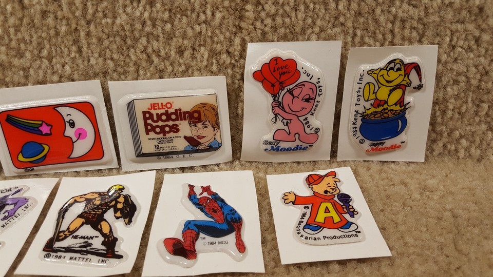 10 Puffy Stickers 1984 He Man Skeletor Spiderman Barbie Alvin Chipmunks ...