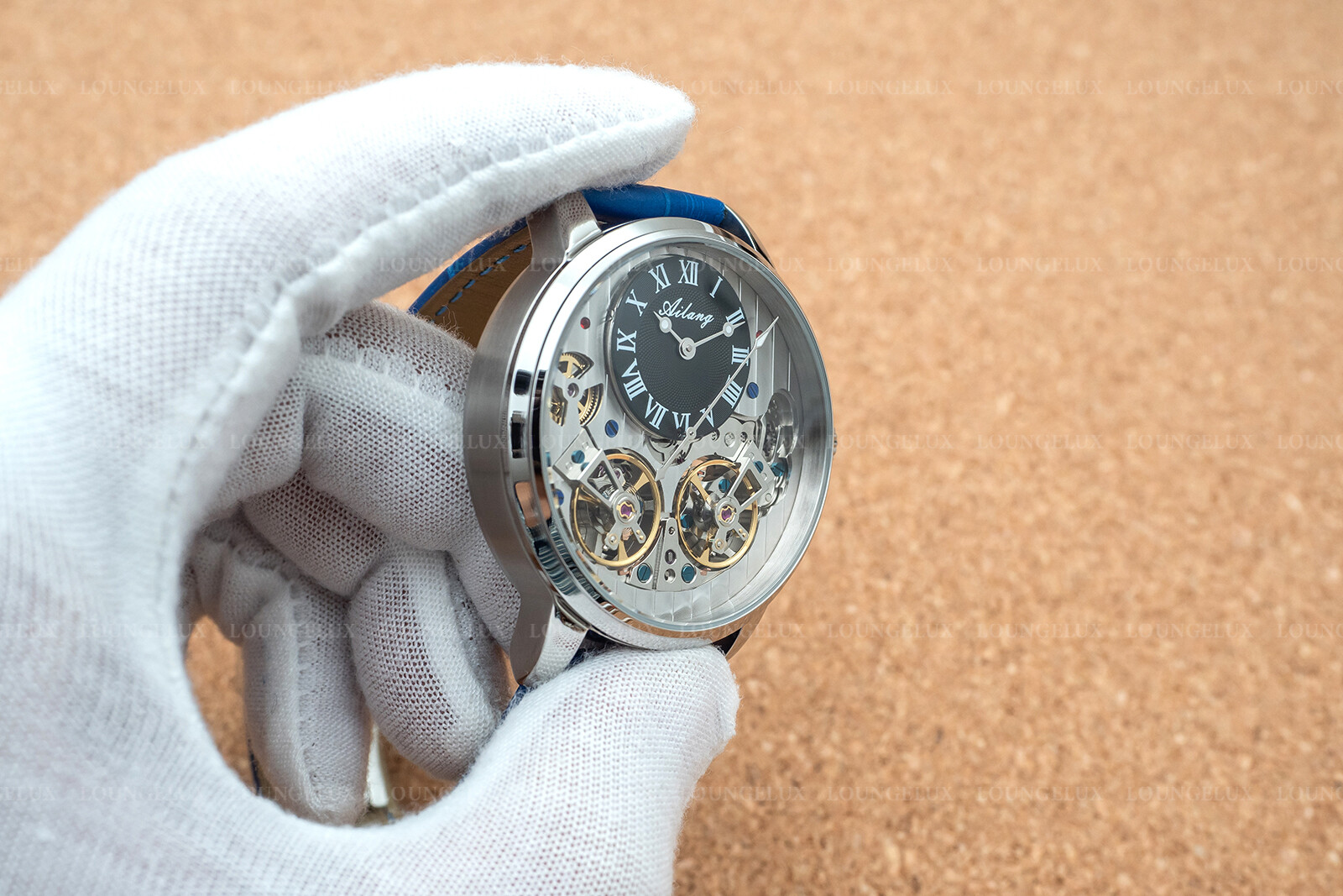 Mens Double Flywheel Automatic Mechanical Watch Silver Black Dial Blue ...