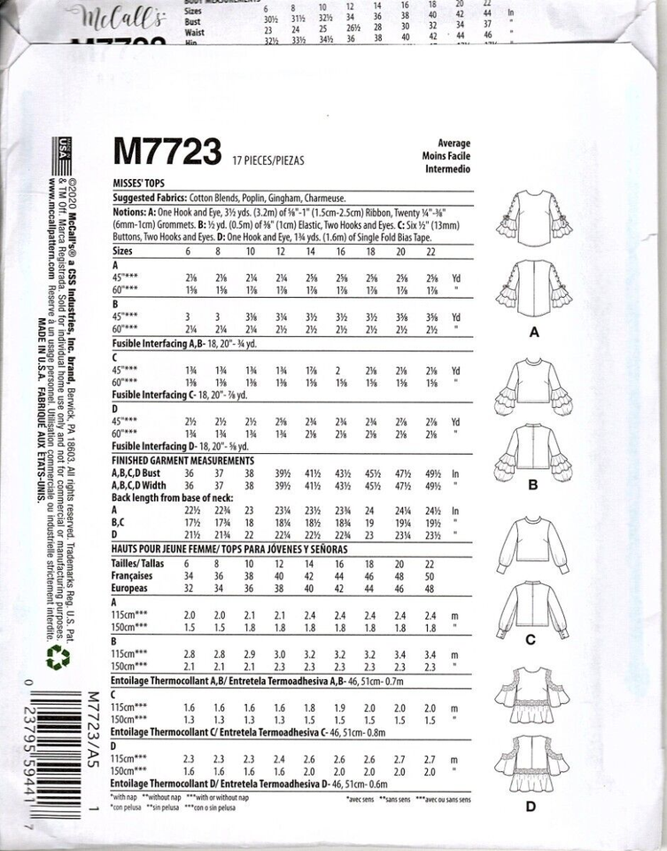McCall's M7723 Misses 14 to 22 Embellished Sleeve Top Uncut Sewing Pattern | eBay