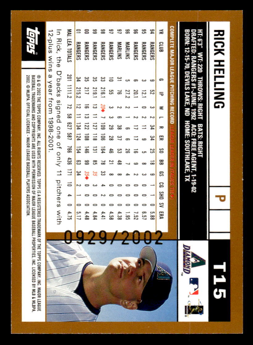 2002 Topps Traded #T15 Rick Helling Gold SP #d /2002! Arizona ...