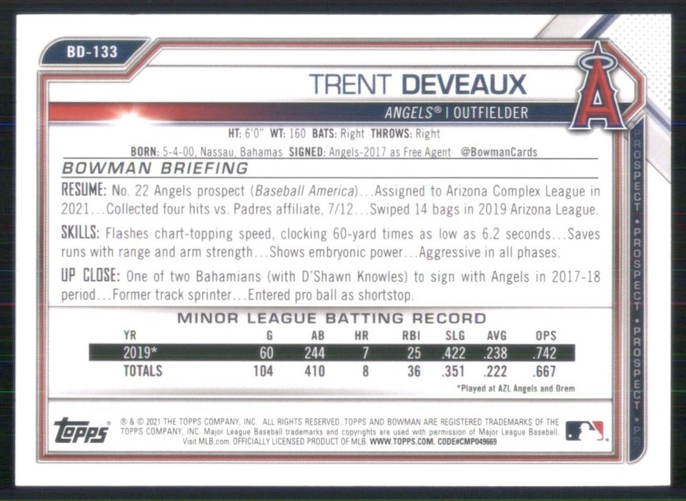 2021 Bowman Draft #BD-133 Trent Deveaux Los Angeles Angels 50514 | eBay