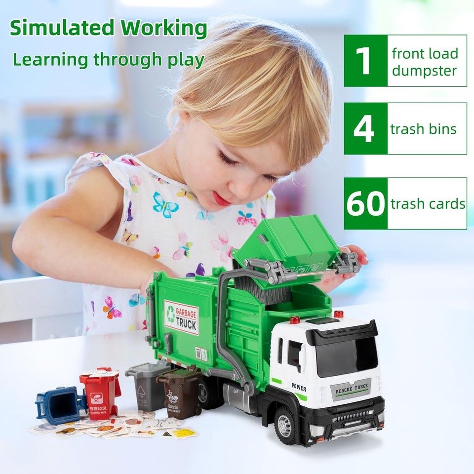 Garbage Truck Toy Large Friction Powered Trash Truck Toy with Light and ...