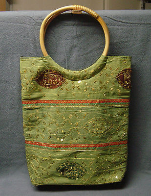 womens handbag, purse, tote olive green with gold sequins wooden ...