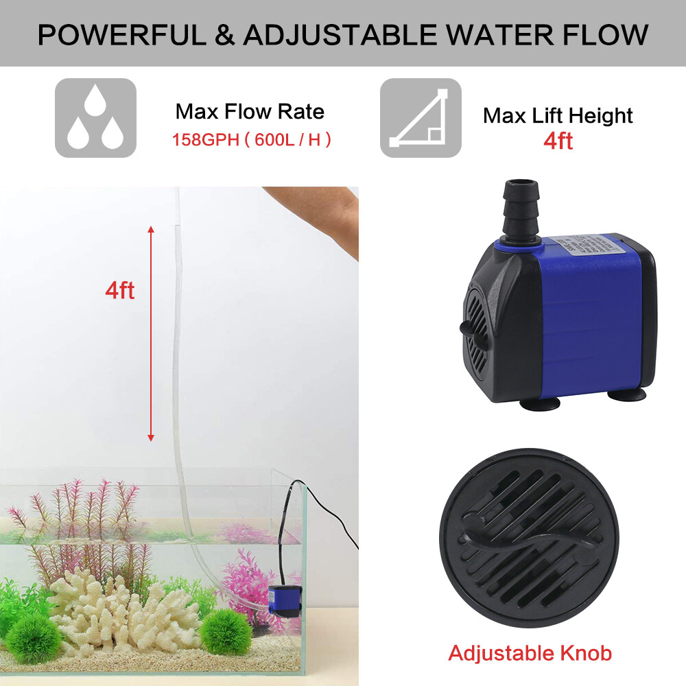 160GPH 110V 8W Aquarium Submersible Water Pump Quiet Adjustable 5.9FT ...