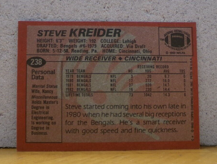 AUCTION 549 - FOOTBALL CARD VINTAGE TOPPS 1983 BENGALS STEVE KREIDER | eBay