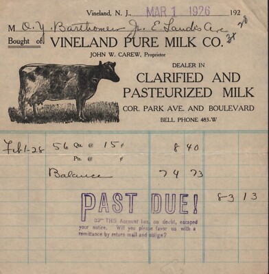 Vintage Billhead/Receipt - Vineland Pure Milk Co. - 1926 - Cow Graphic ...