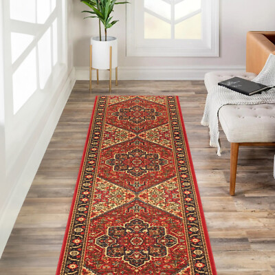 Custom Size Hallway Runner Rug Non Slip Rubber Back RED Traditional ...