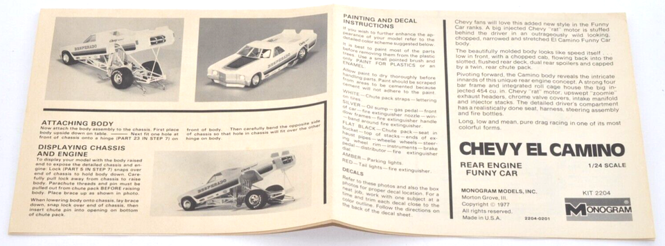 Vintage Monogram Desperado Chevy El Camino Funny Car 1/24 Model Kit ...