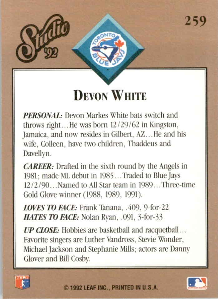 1992 Studio Devon White Toronto Blue Jays #259 Baseball Card | eBay