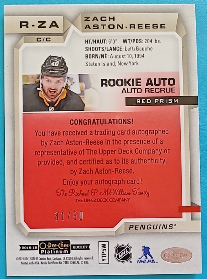2018-19 Zach Aston-Reese OPC O-PEE-CHEE Platinum RED PRISM Rookie Auto ...
