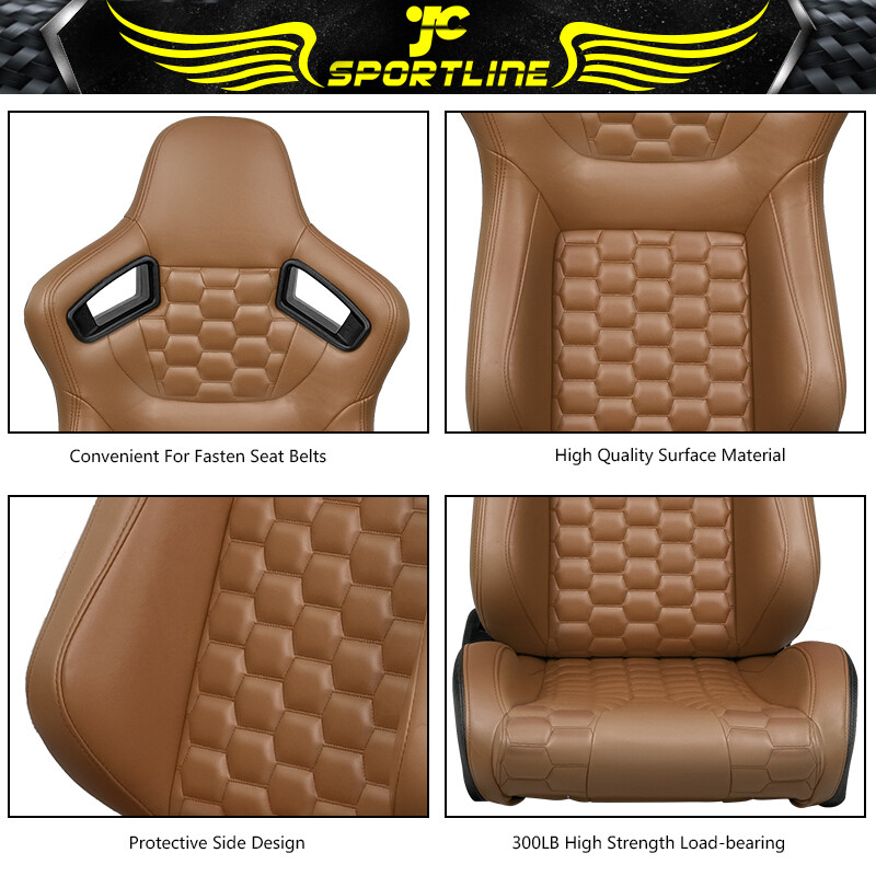 Universal Reclinable Racing Seat Honeycomb + Dual Slider x2 Brown PU ...