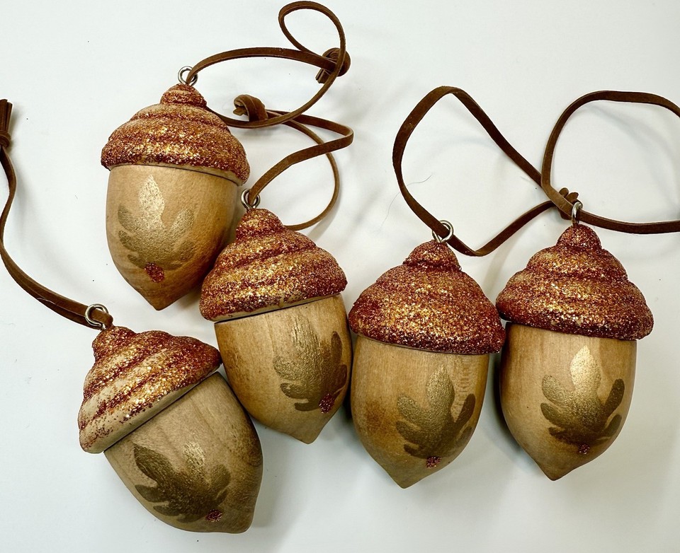 Set (5) VTG Pinewood Acorn Copper Glitter Top & Leather Strap Christmas ...