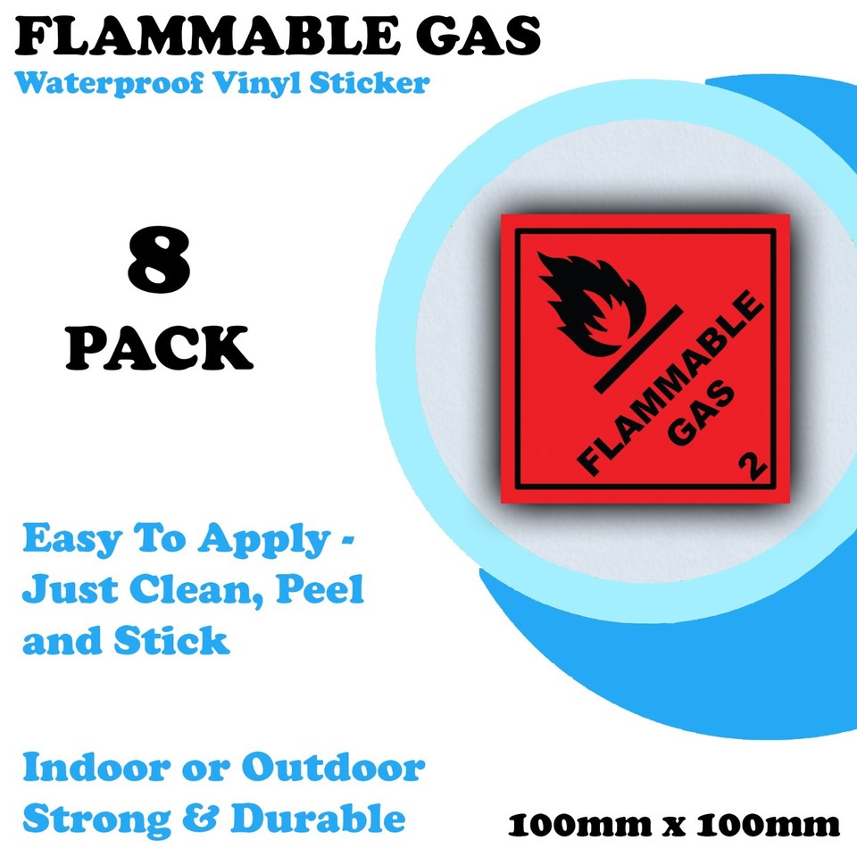 8 Pack - Flammable Gas Hazard Labels – Waterproof Vinyl Stickers - 100m ...