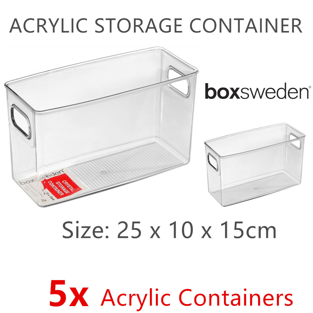 5x Clear Acrylic Storage Containers 25x10x15CM Tray Fridge Organiser ...