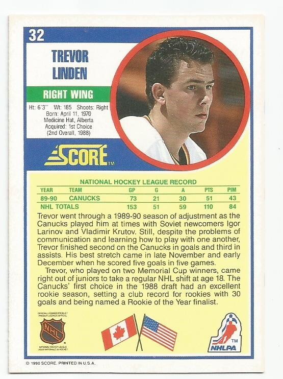 TREVOR LINDEN 1990-91 SCORE CARD NM-MT+/NM-MT CONDITION | eBay